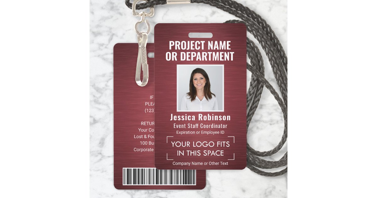 Corporate Logo Photo ID Barcode Brushed Burgundy Badge | Zazzle