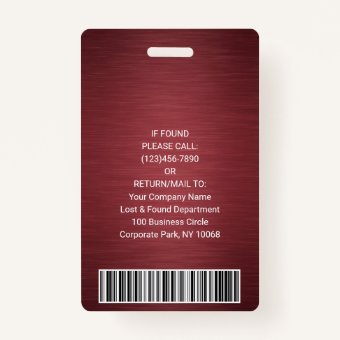 Corporate Logo Photo ID Barcode Brushed Burgundy Badge | Zazzle