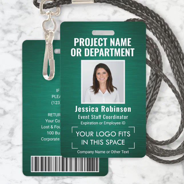 Corporate Logo Photo ID QR Barcode Brushed Green Badge | Zazzle