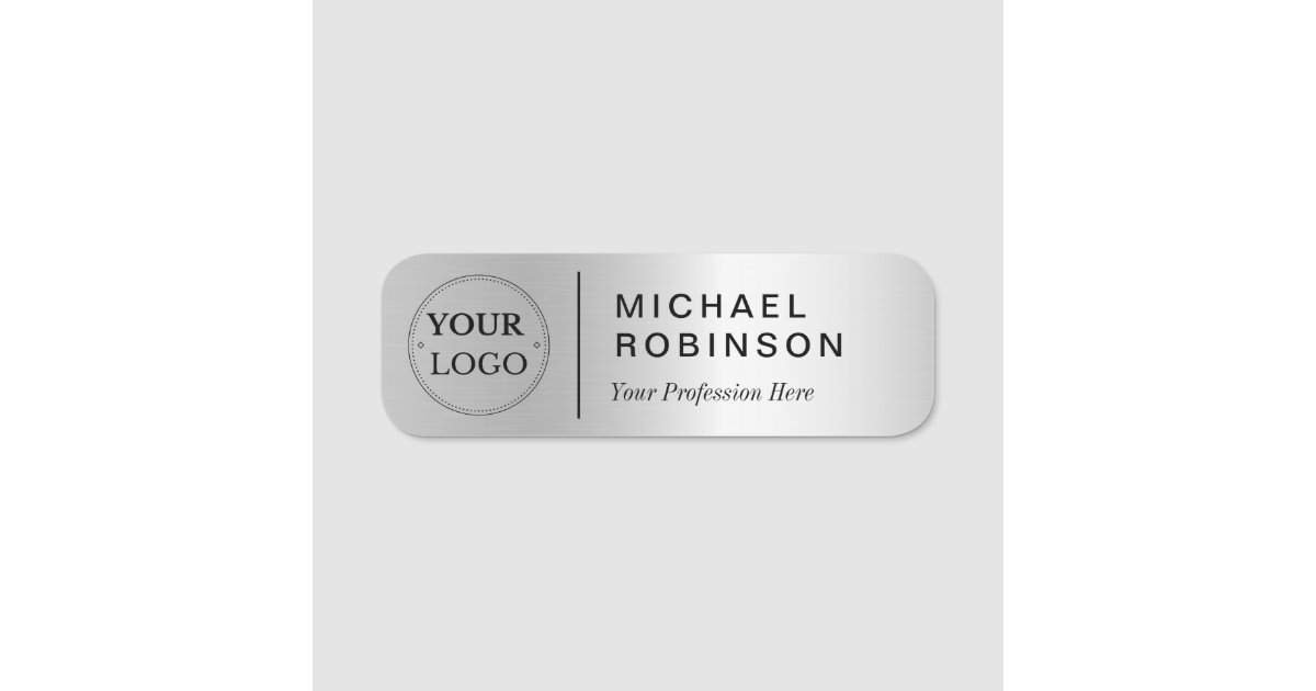 Corporate Logo Professional Employee Faux Silver Name Tag | Zazzle