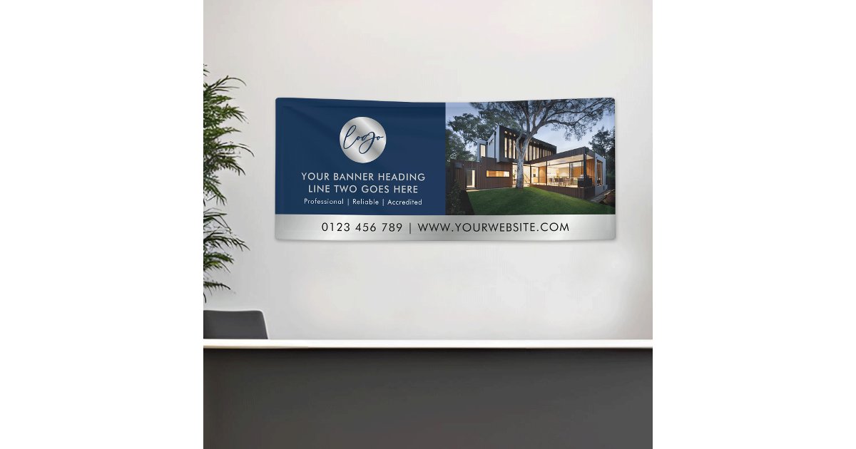 Corporate Navy Blue & Silver Logo Business Photo Banner | Zazzle