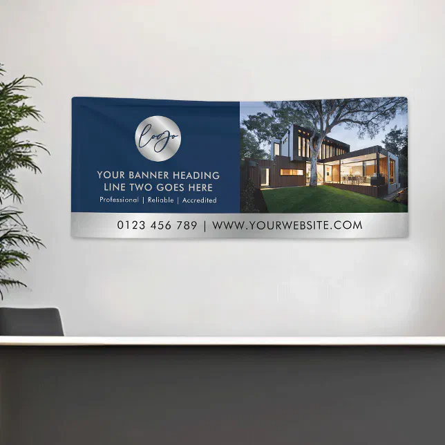 Corporate Navy Blue & Silver Logo Business Photo Banner | Zazzle