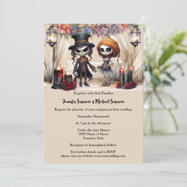 Corpse bride groom skeleton couple goth wedding invitation | Zazzle