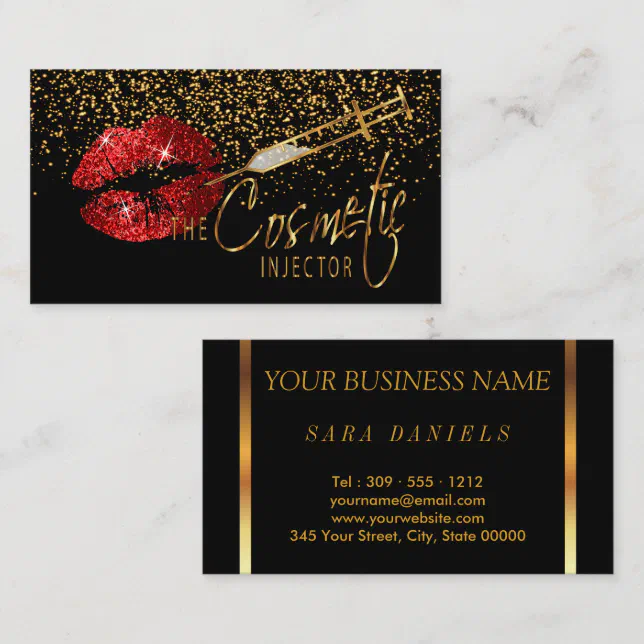 Cosmetic Injector with Gold Confetti & Red Lips Business Card | Zazzle