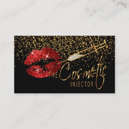 Cosmetic Injector with Gold Confetti & Red Lips Business Card | Zazzle