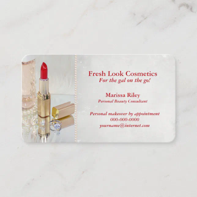 Cosmetic product with red lipstick on mirror business card | Zazzle