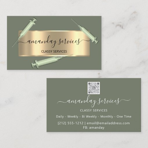 Cosmetologist Syringe Botox B12 QRCode Green Business Card | Zazzle