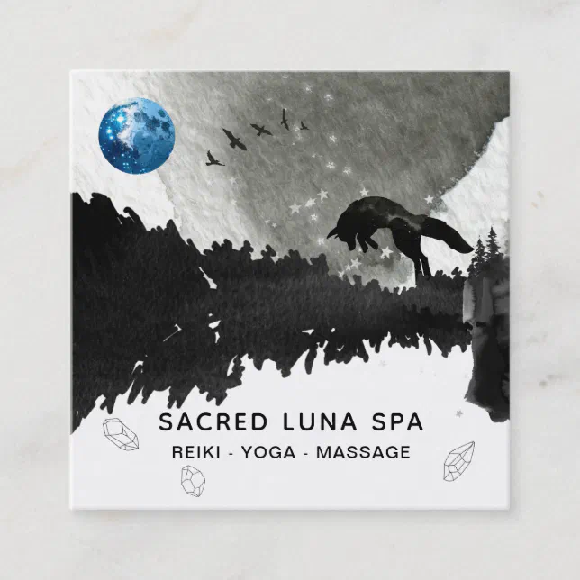 Cosmic Blue Moon Fox Leaping Pine Tree Square Business Card | Zazzle