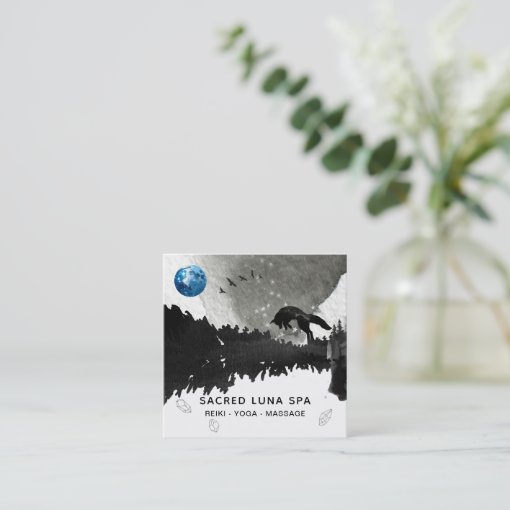 Cosmic Blue Moon Fox Leaping Pine Tree Square Business Card | Zazzle