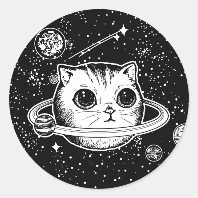 Cosmic Cat planet, black and white Classic Round Sticker | Zazzle