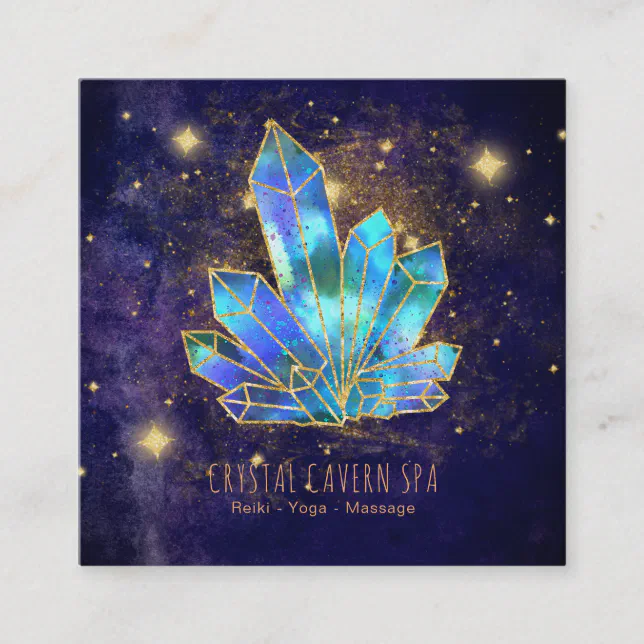 Cosmic Crystals Gold Glitter Stars Blue Square Business Card | Zazzle