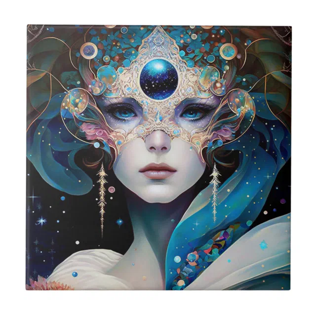 Cosmic Masked Goddess Queen Fantasy Art Ceramic Tile | Zazzle