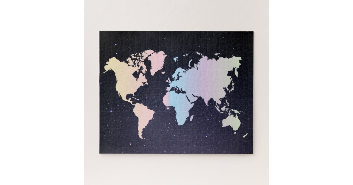 Cosmic Night Galaxy & Holographic Pastel World Map Jigsaw Puzzle | Zazzle