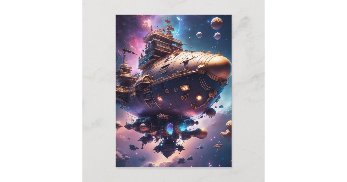 Cosmic pirate ship floating in space holiday postcard | Zazzle