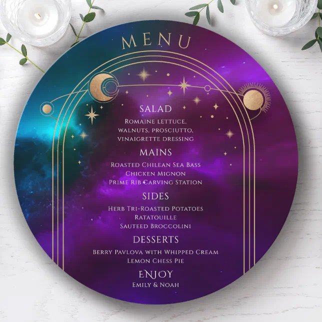 Cosmic Purple Teal Gold Sun Moon Stars Wedding Menu | Zazzle