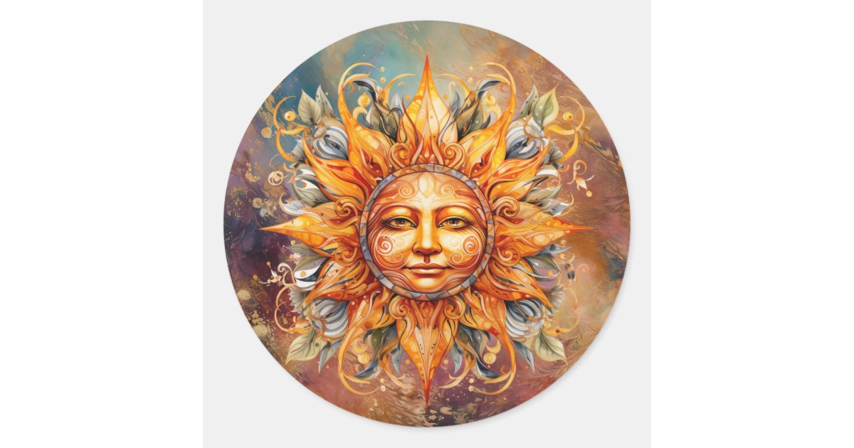 Cosmic Sun Face Digital Art Classic Round Sticker | Zazzle