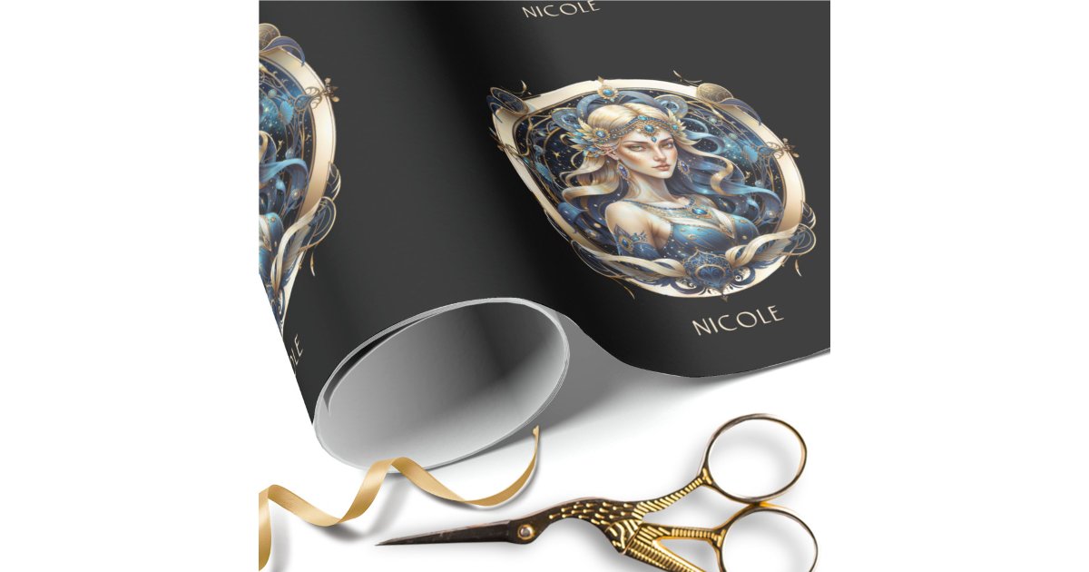 Cosmic Virgin Zodiac Symbol Blue Gold Script Virgo Wrapping Paper | Zazzle