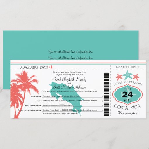 Costa Rica Boarding Pass Wedding Invitation | Zazzle