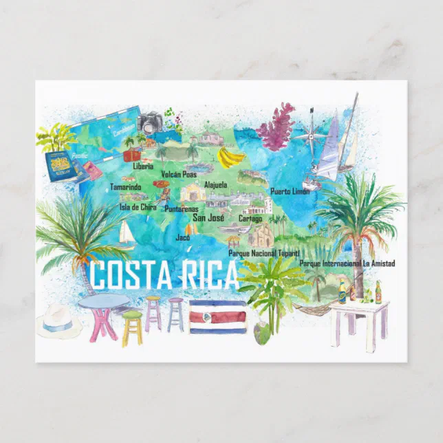Costa Rica Illustrated Travel Map with Roads Postcard | Zazzle