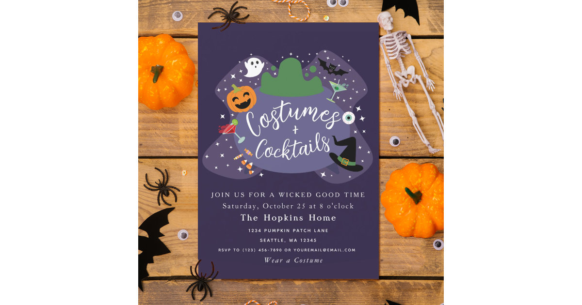 Costumes and Cocktails Cauldron Halloween Party Invitation | Zazzle