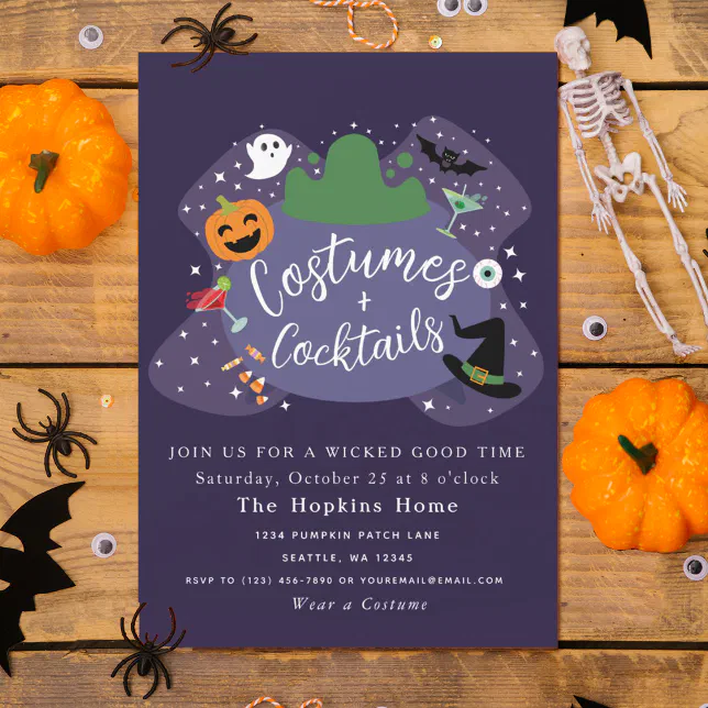 Costumes and Cocktails Cauldron Halloween Party Invitation | Zazzle