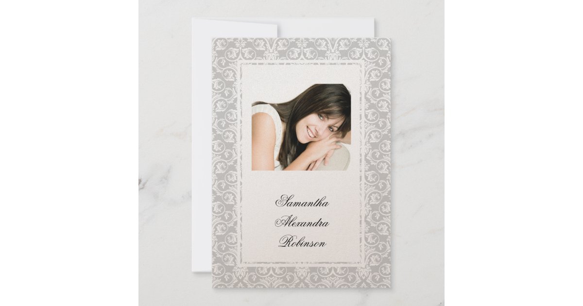 Cotillion Silver Shimmer Damask Photo Invitations | Zazzle