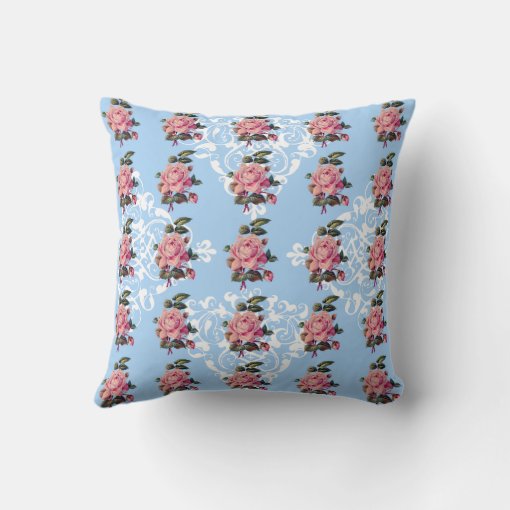 Cottage Chic Pale Blue with Roses Pillow | Zazzle