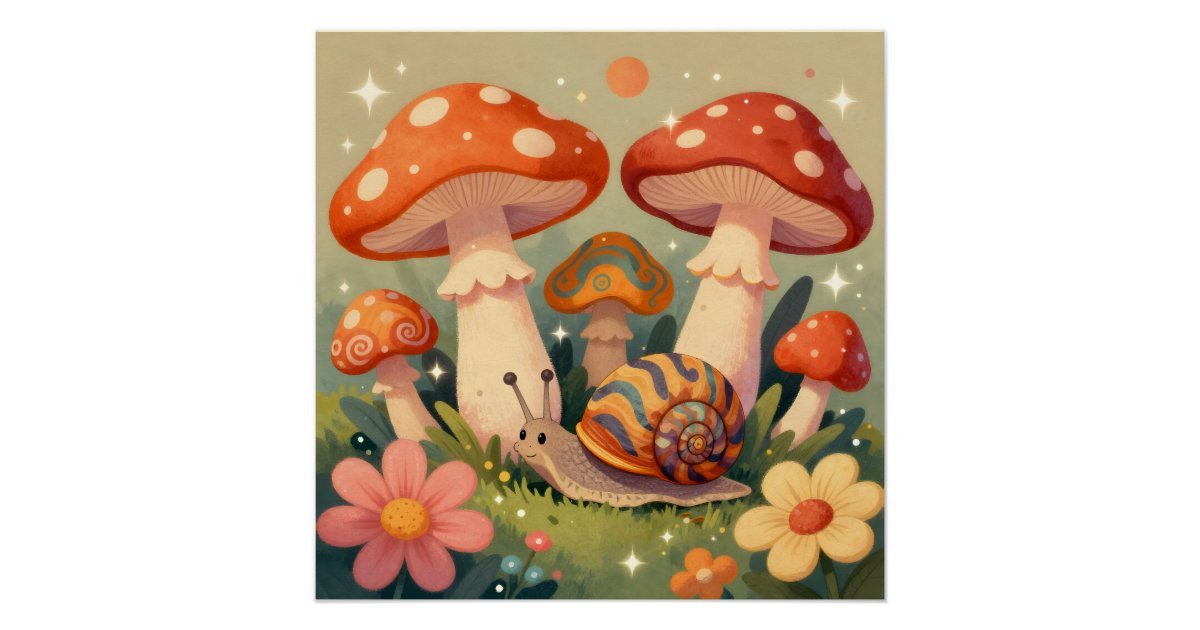 Cottage Core Snail and Musrhooms Poster | Zazzle