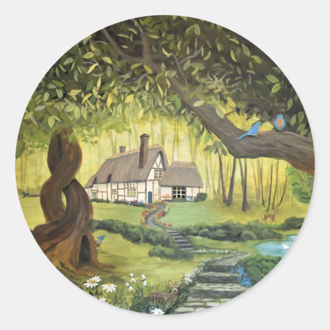 Cottage in the Woods Classic Round Sticker | Zazzle