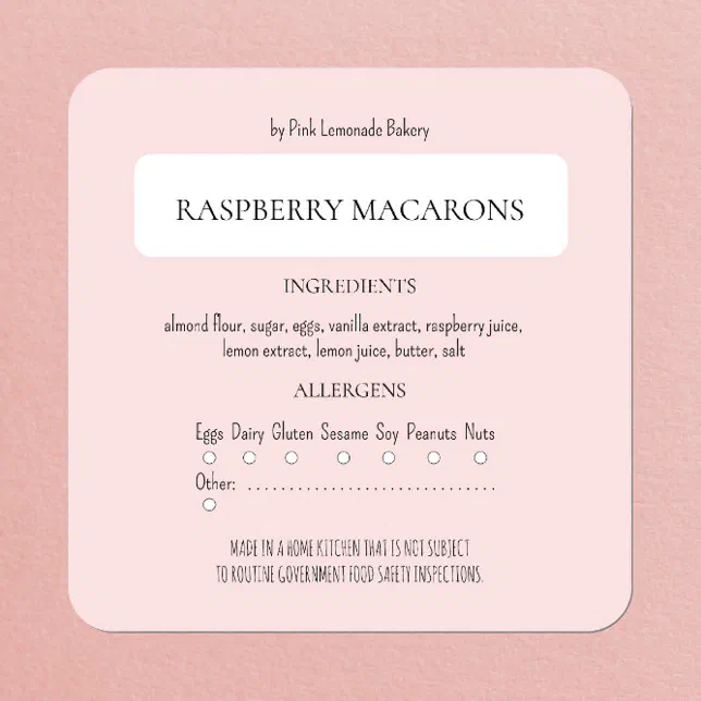 Cottage Law Bakery Ingredient and Allergen Label | Zazzle
