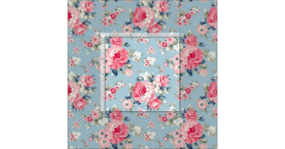 Cottage Pink Roses on Blue Background Fabric | Zazzle