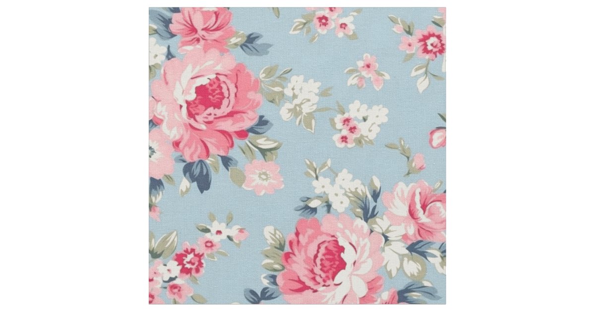 Cottage Pink Roses on Blue Background Fabric | Zazzle