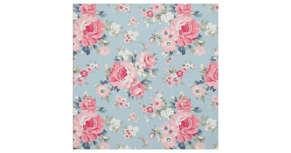 Cottage Pink Roses on Blue Background Fabric | Zazzle