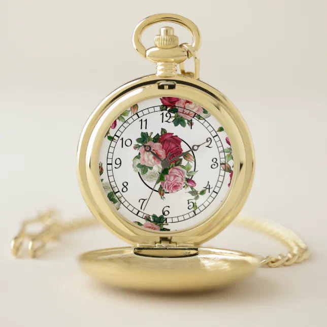 Cottage Roses and Modern Numbers Pocket Watch | Zazzle
