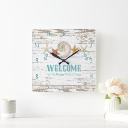 Cottage Style Welcome Wooden Beach Shells Board Square Wall Clock | Zazzle