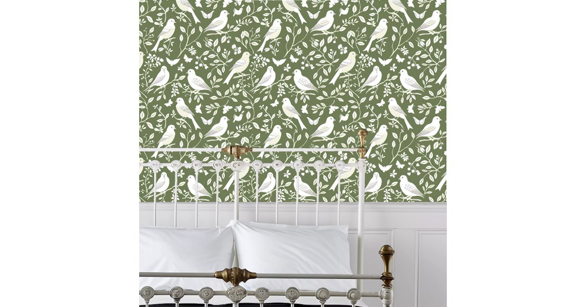 Cottagecore Birds on Green Wallpaper | Zazzle