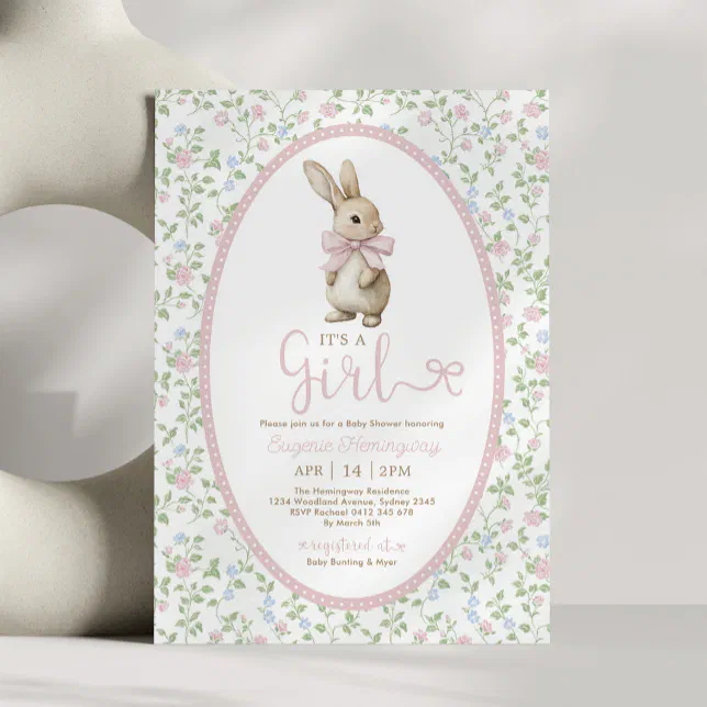 Cottagecore Bunny Pink Bow Floral Girl Baby Shower Invitation | Zazzle