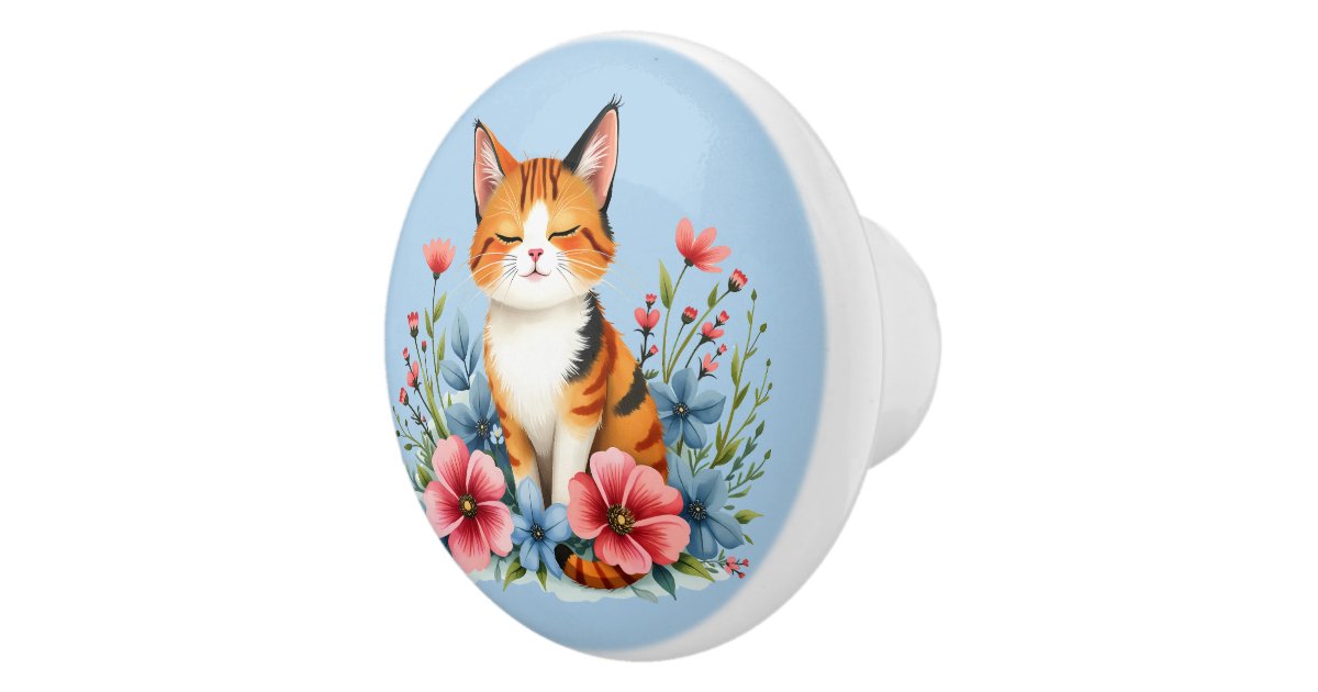Cottagecore Floral Cat Serene Feline Botanical Ceramic Knob | Zazzle