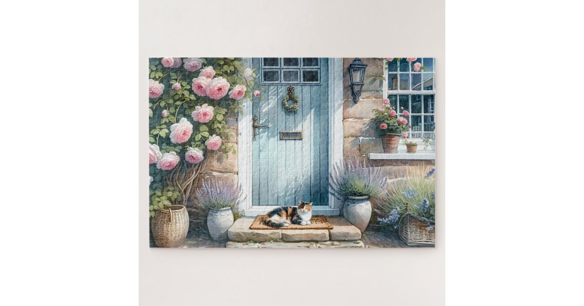 Cottagecore Floral Porch with Calico Cat Jigsaw Puzzle | Zazzle