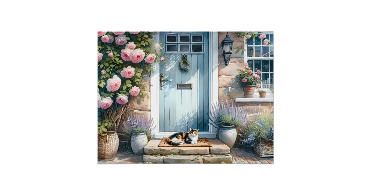 Cottagecore Floral Porch with Calico Cat Poster | Zazzle