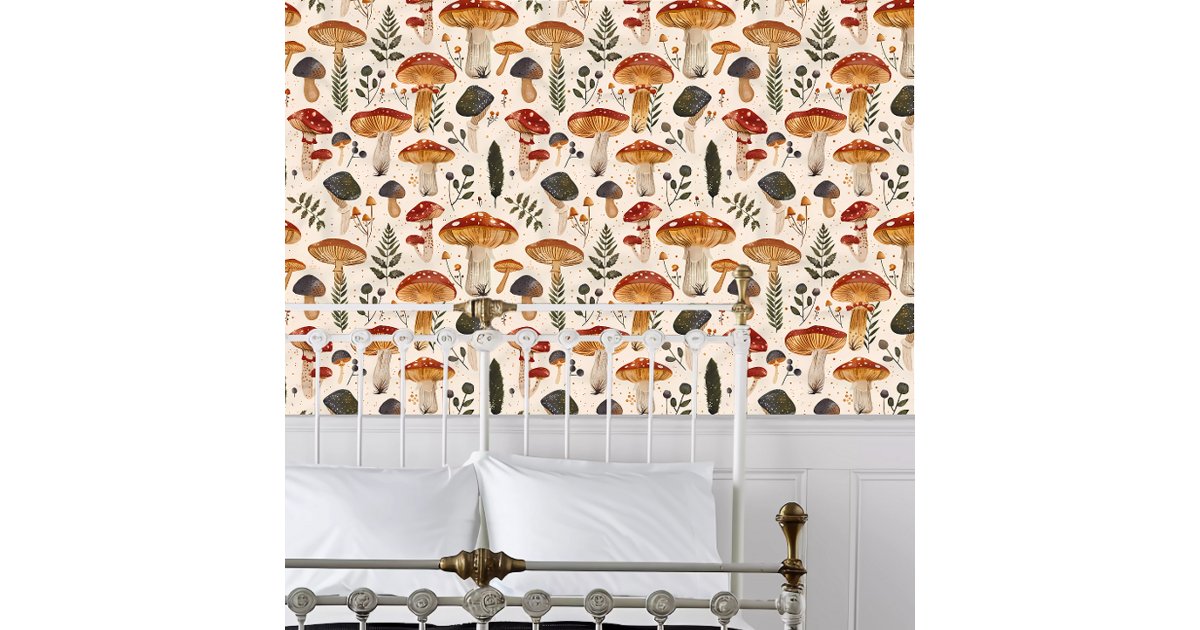 Cottagecore Funky Watercolor Mushrooms Wallpaper | Zazzle