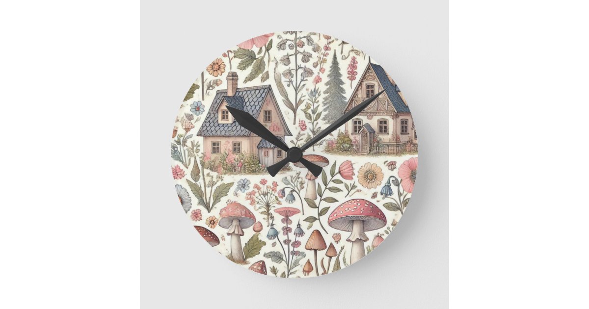 Cottagecore Mushroom and Floral Pattern Round Clock | Zazzle