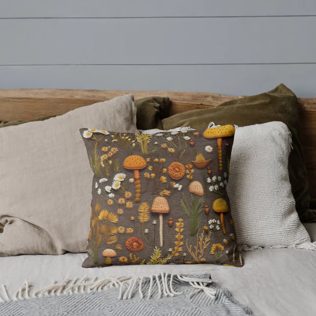Cottagecore Mushroom Embroidery Throw Pillow | Zazzle