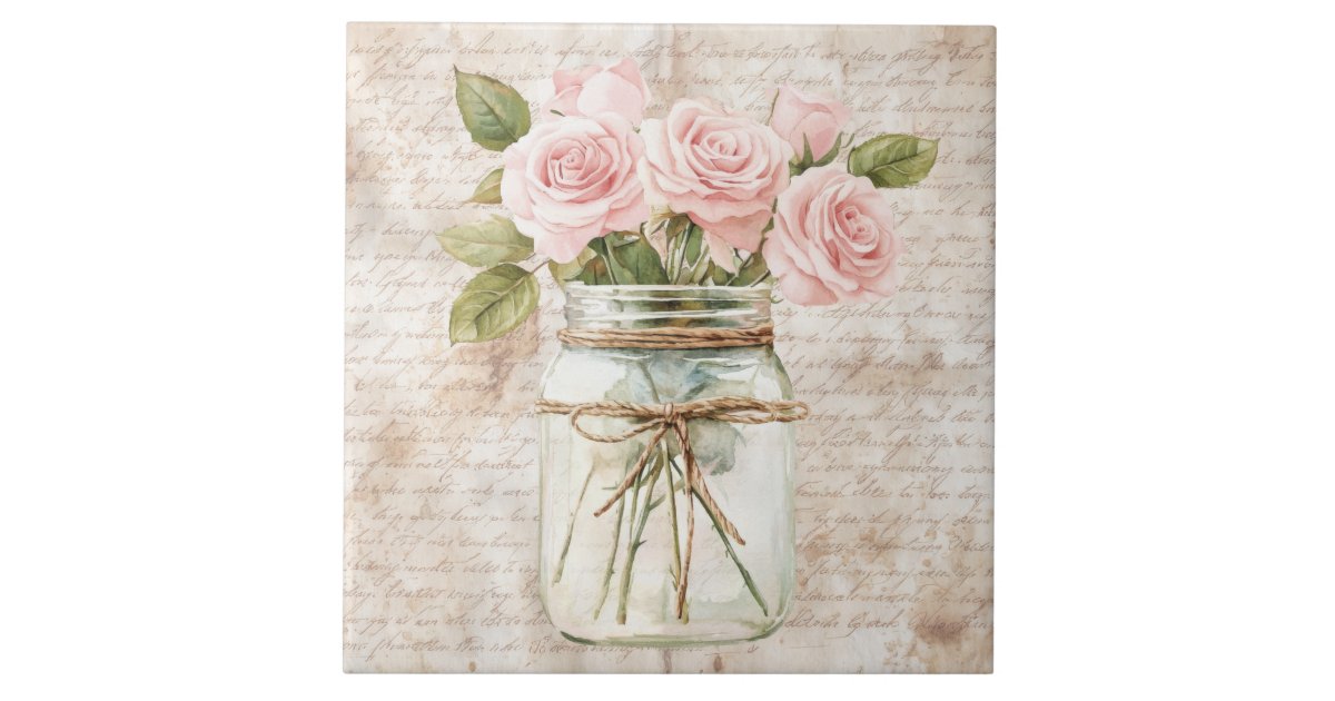 Cottagecore rustic mason jar pink roses farmhouse ceramic tile | Zazzle