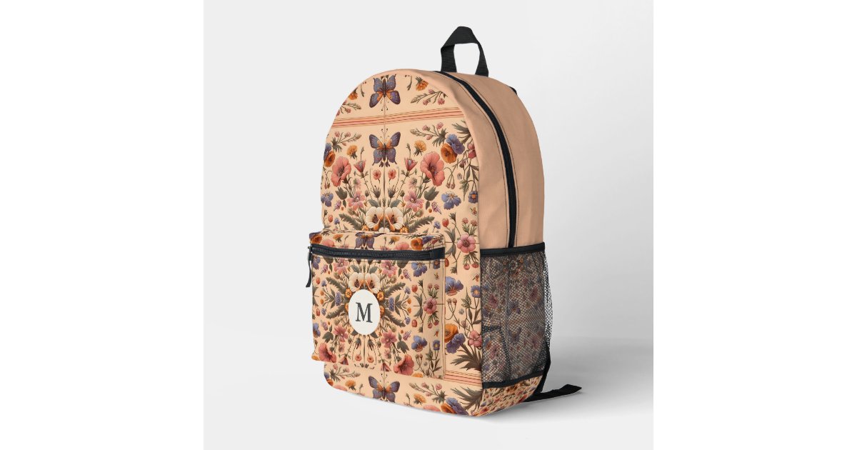Cottagecore Vintage Wildflowers Peach Monogram Printed Backpack | Zazzle