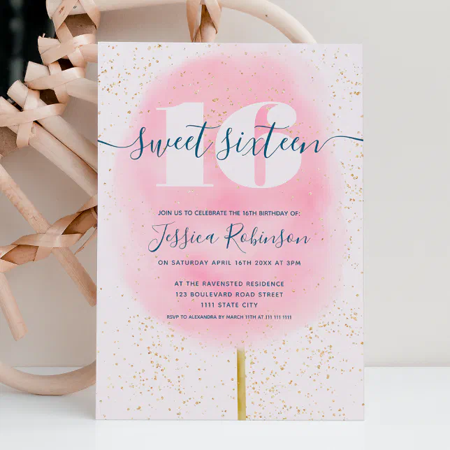 Cotton candy glitter navy pink watercolor sweet 16 invitation | Zazzle