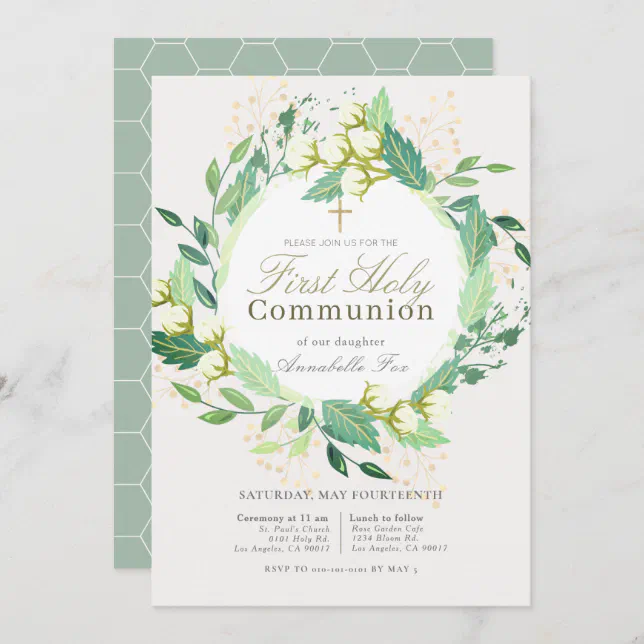 Cotton Garden Wreath Green First Holy Communion Invitation | Zazzle