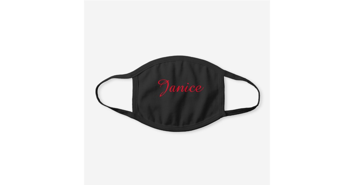 COTTON Solid Black and Red Script Name Face Mask | Zazzle