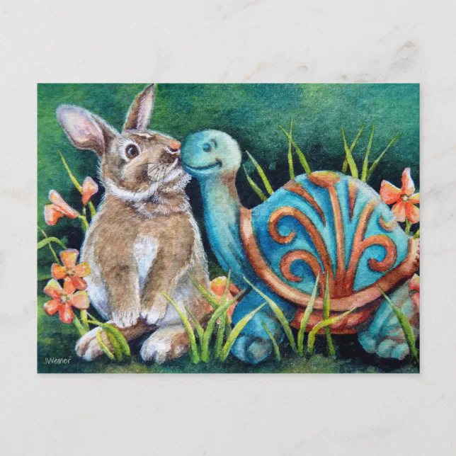 Cottontail Rabbit & Turtle Statue Watercolor Art Postcard | Zazzle