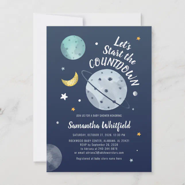 Countdown Modern Space Outer Galaxy Baby Shower Invitation | Zazzle